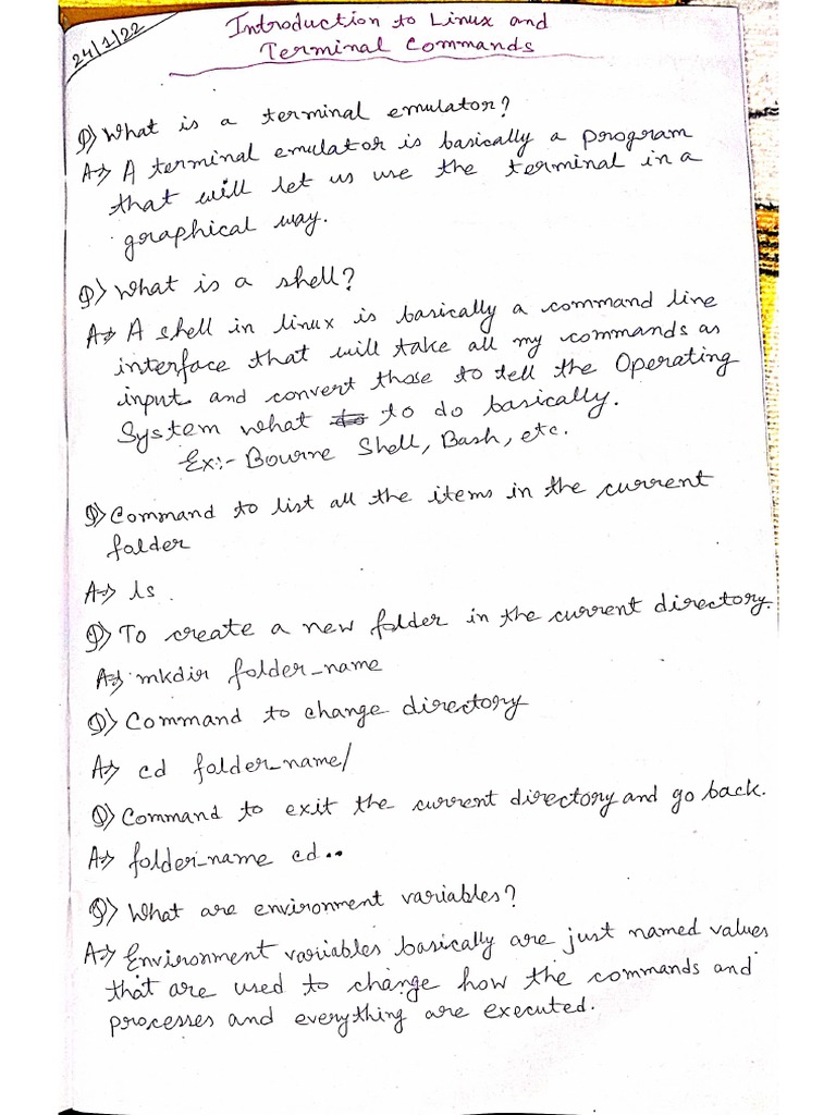 Handwritten Notes of Intro To Linux & Terminal Commands | PDF