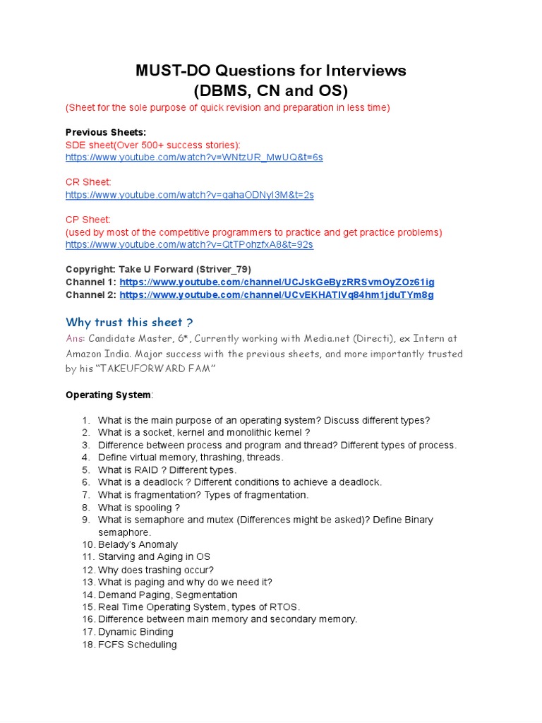 MUST-DO Questions For Interviews (DBMS, CN and Os) | PDF