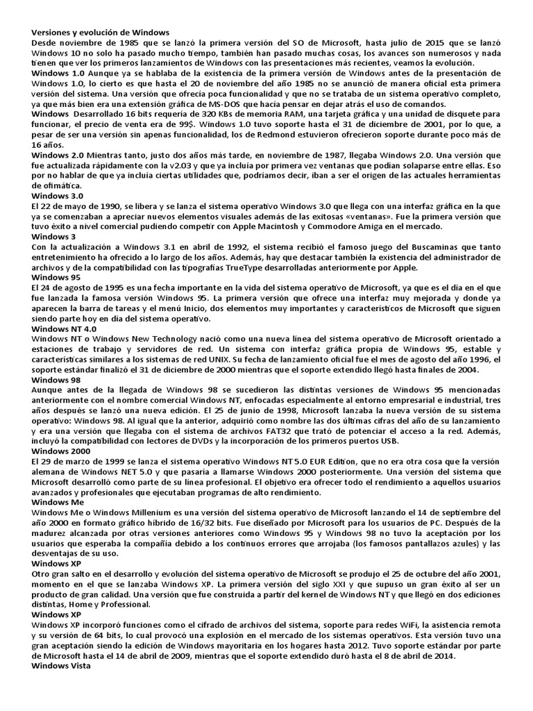 Versiones y Evolución de Windows | PDF | Microsoft Windows | Windows 10
