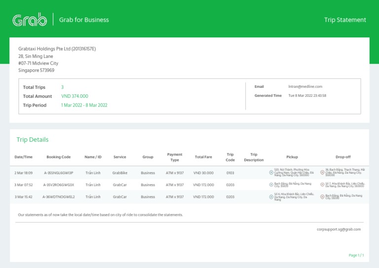 Grab For Business Trip Statement | PDF