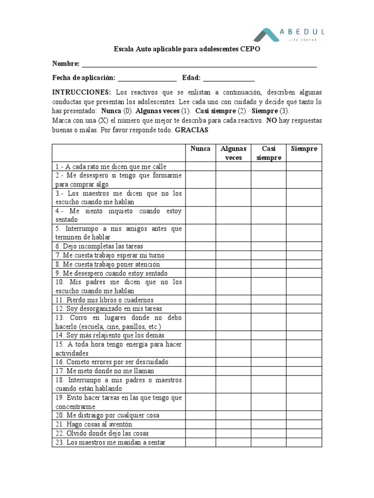 Escala CEPO para Adolescentes con TDAH | PDF