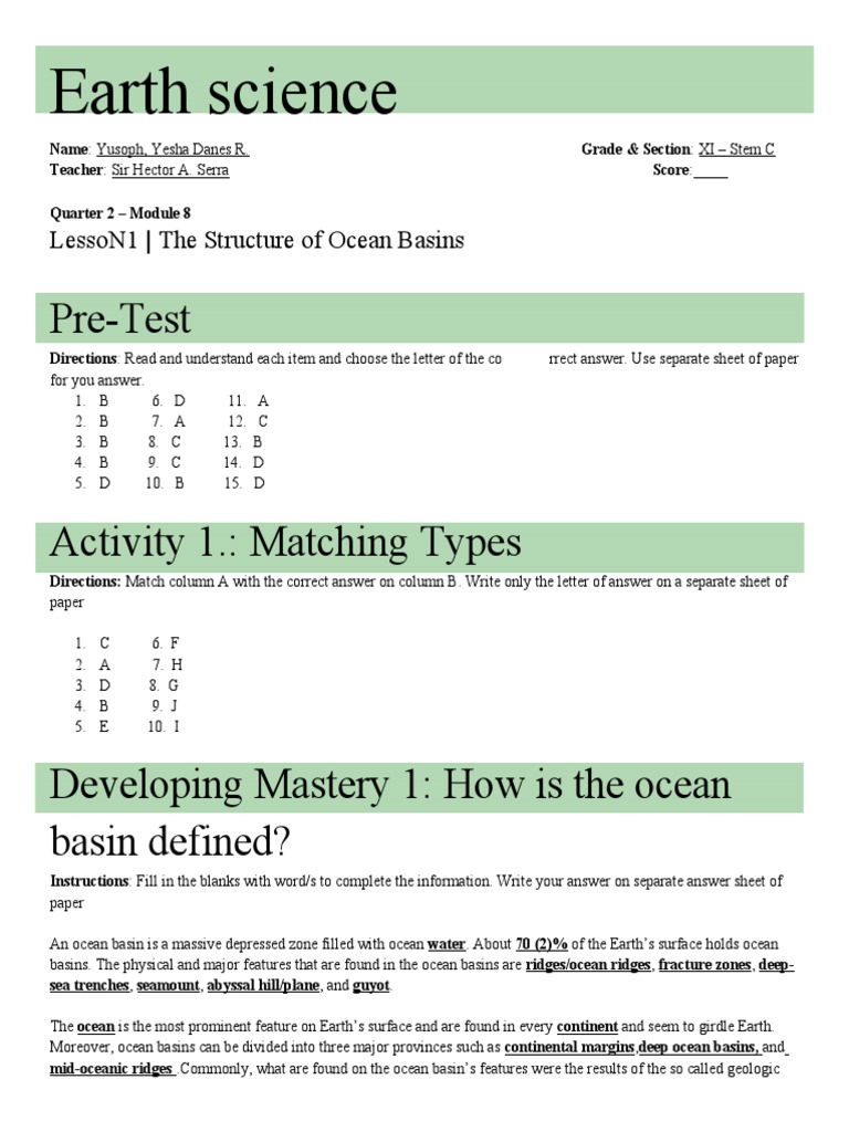 Earth Science: Pre-Test | PDF | Seabed | Oceans