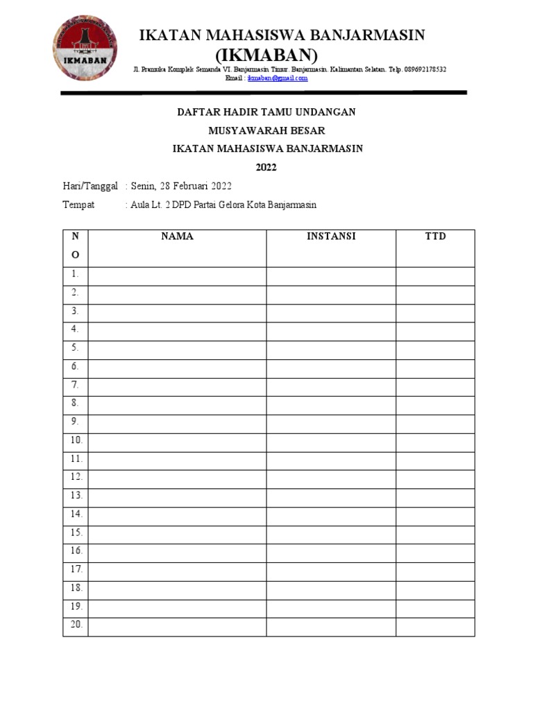 Daftar Hadir Tamu Undangan Demisioner Mubes | PDF