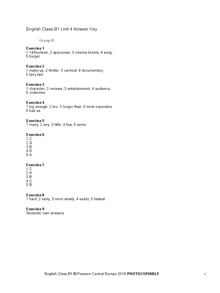 English Class B1 Unit 4 Answer Key Grupa B | PDF | Language Arts ...