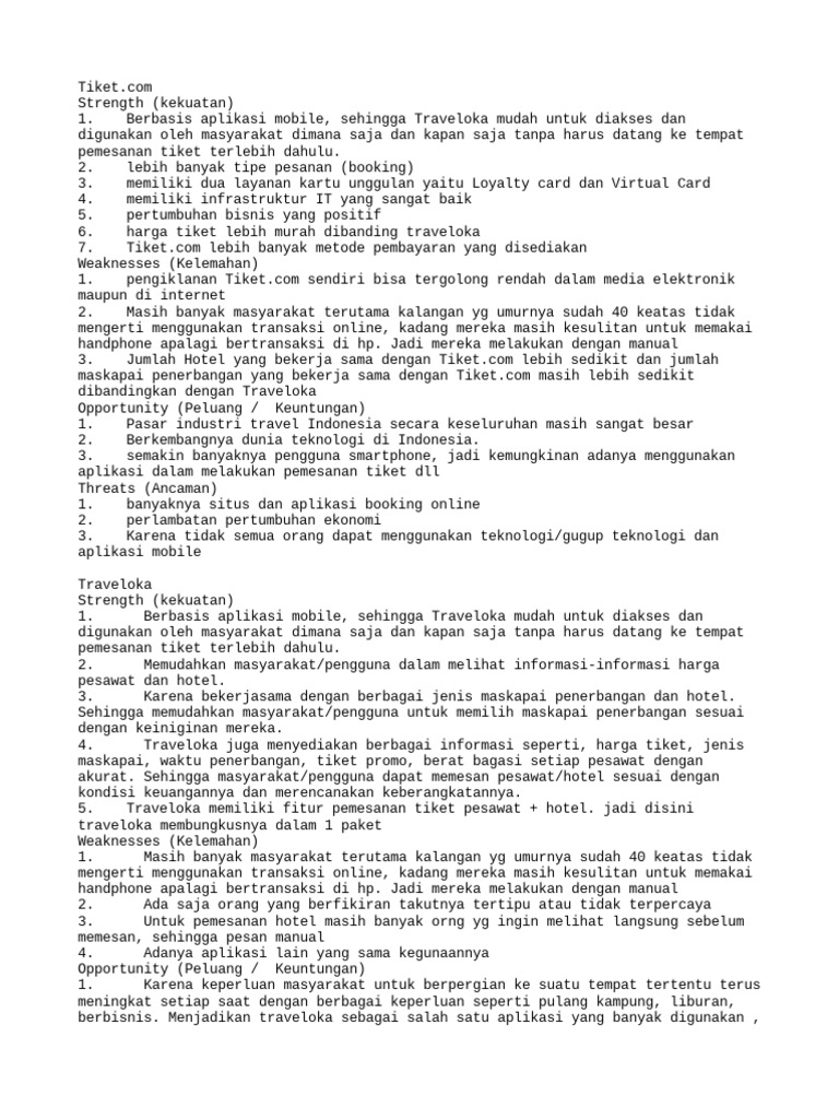 SWOT Tiket - Com Dan Traveloka | PDF