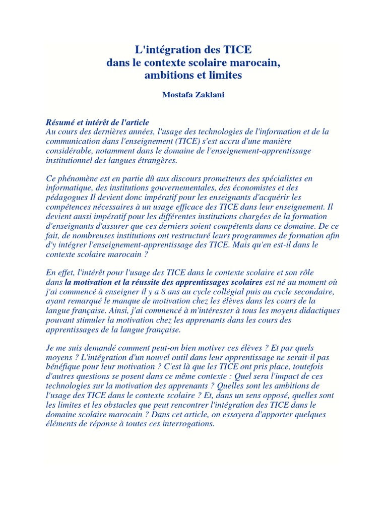 L'intégration Des TICE | PDF | Pédagogie | Apprentissage