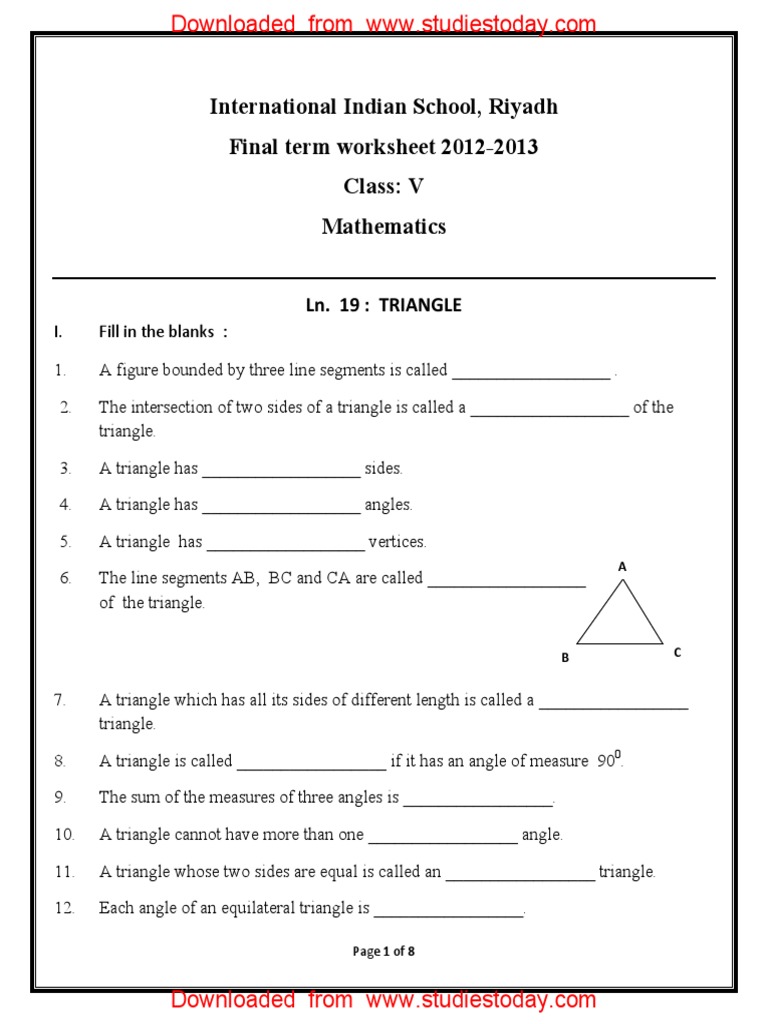 CBSE Class 5 Mathematics Worksheet - Triangle | PDF | Triangle ...