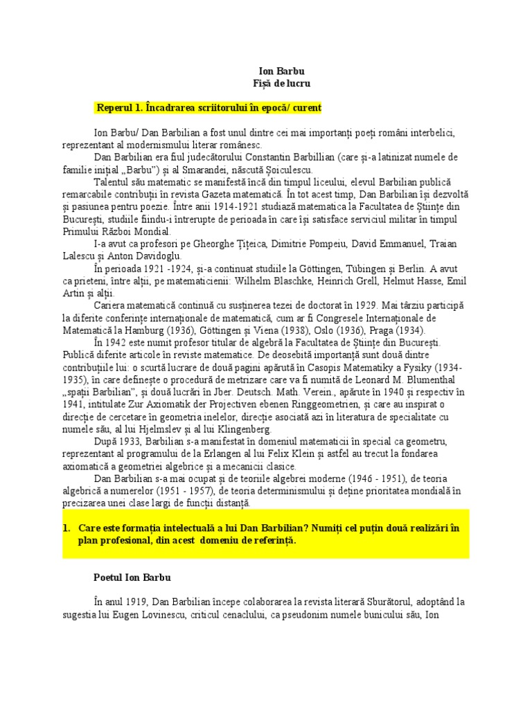 Ion Barbu, Fișă de Lucru | PDF