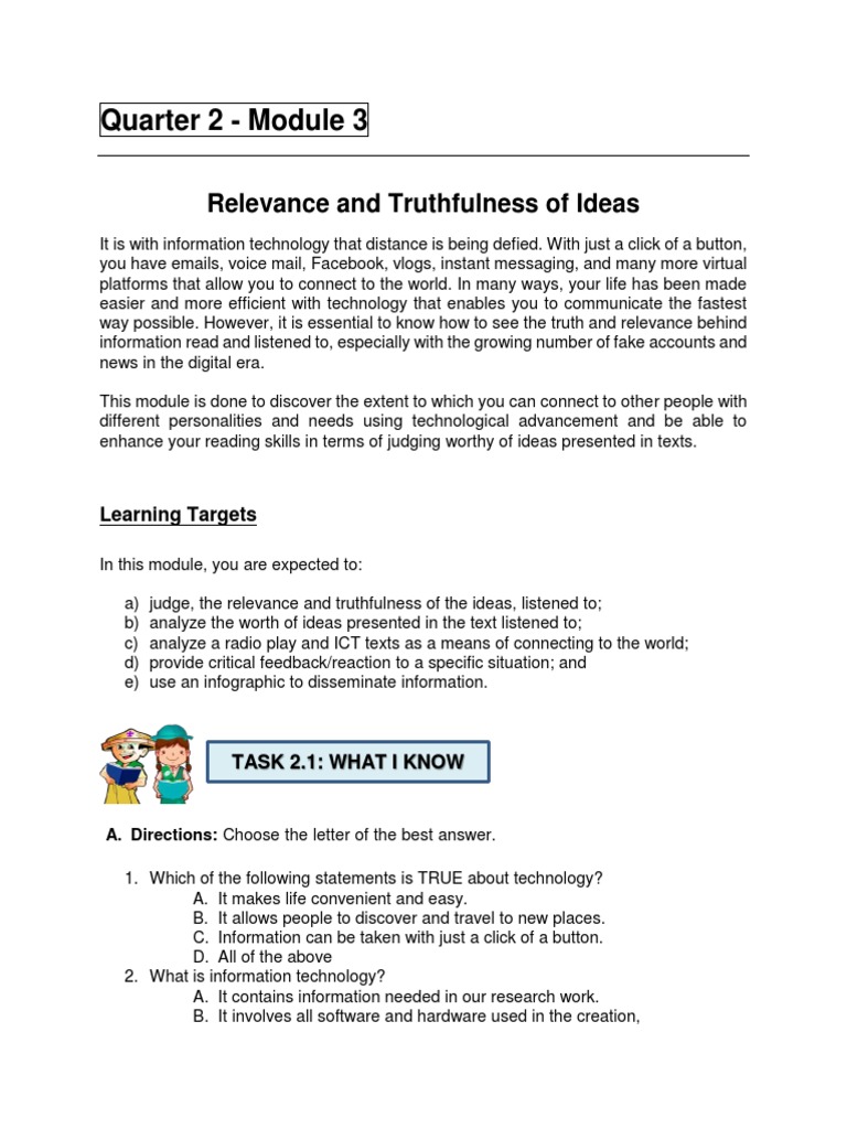 Quarter 2 - Module 3: Relevance and Truthfulness of Ideas | PDF ...