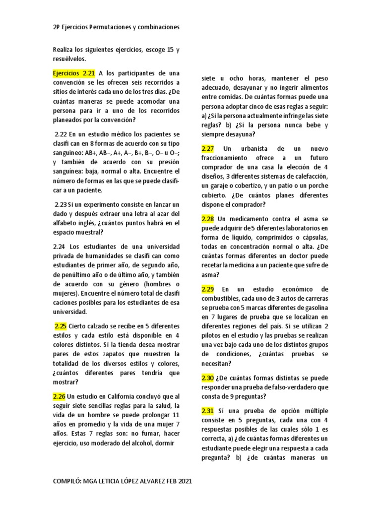 2P Problemario Permutaciones y Combinaciones Feb 2021 | PDF