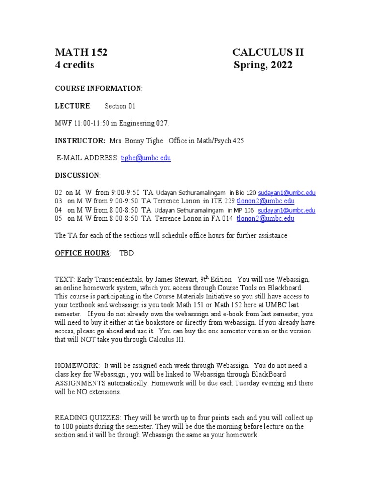 UMBC MATH 152 Calculus II Course Syllabus | PDF | Academic Dishonesty ...