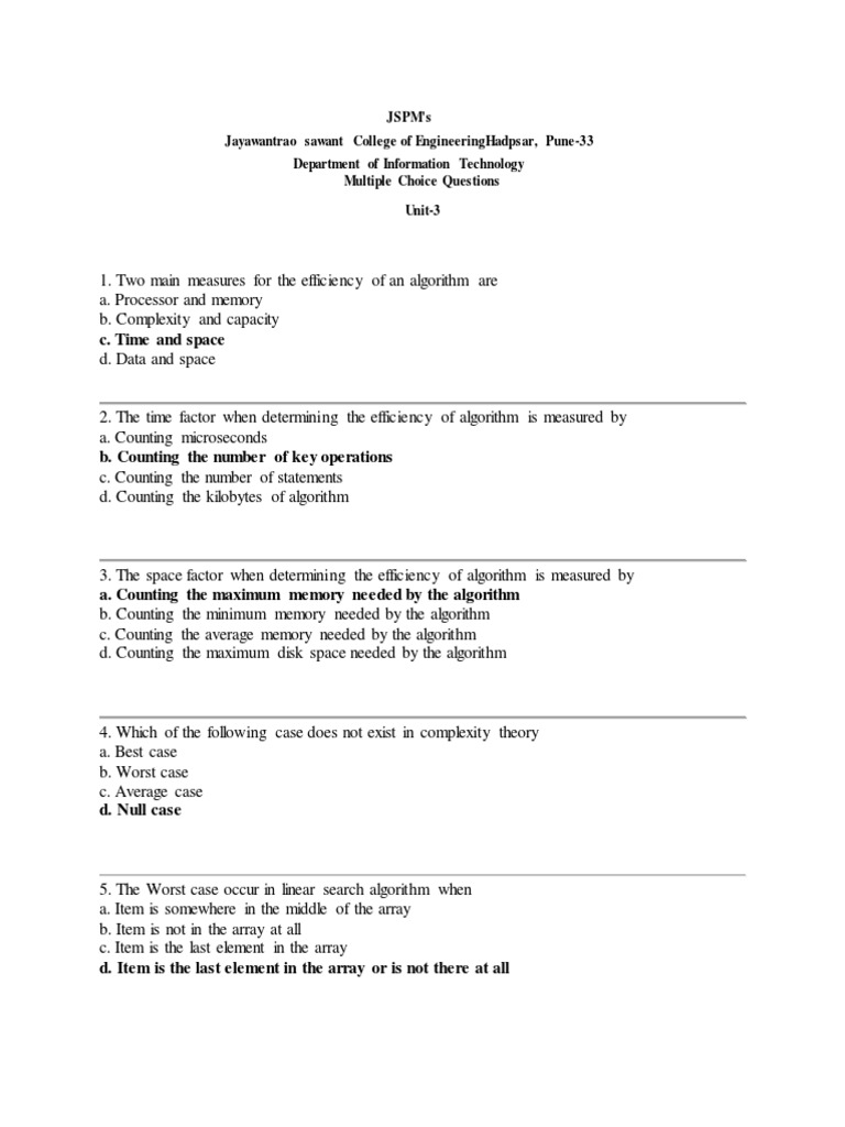 Fds Unit 3 Mcq Pdf Array Data Structure Time Complexity 