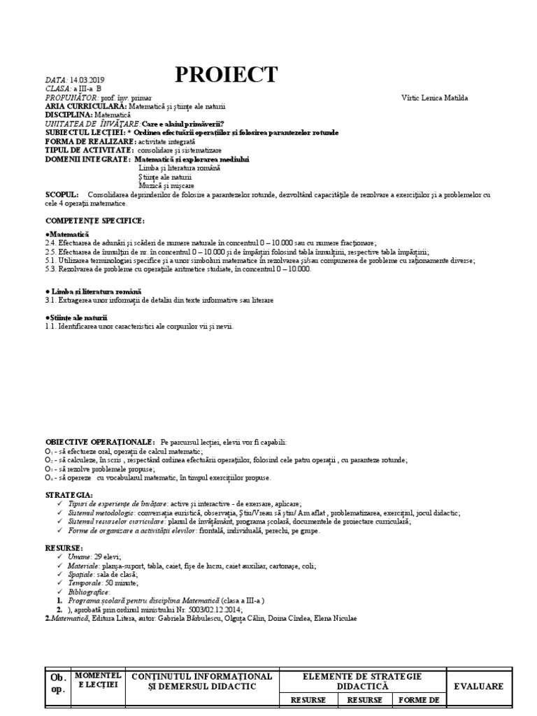 Proiect de Lectie Ordinea Efectuarii Operatiilor Si Folosirea Parantezelor Rotunde | PDF