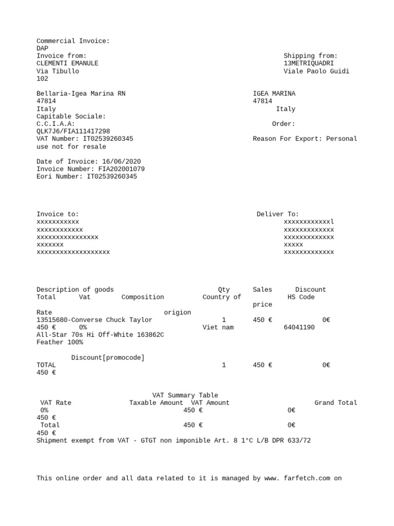 Farfetch Converse Fake Invoice | PDF | Value Added Tax | Invoice
