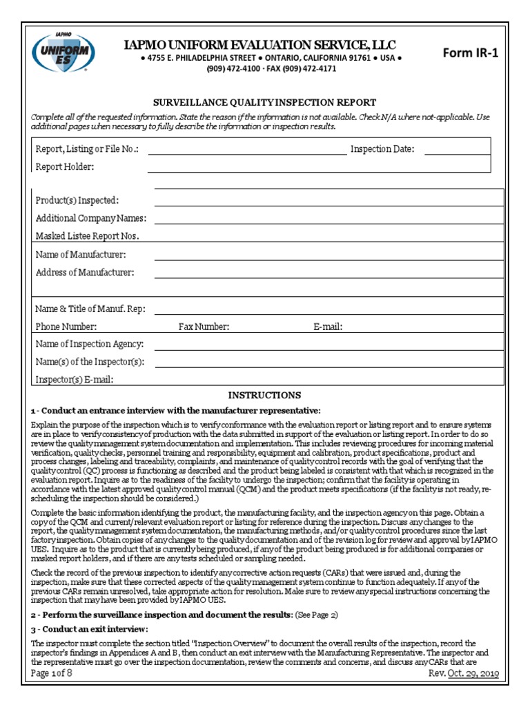 IAPMO Form IR-1 SURVEILLANCE QUALITY INSPECTION REPORT | PDF | Specification (Technical Standard ...