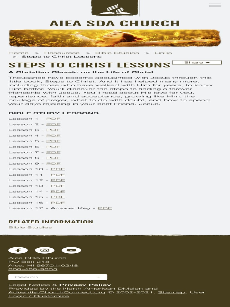 Steps To Christ Lessons Aiea SDA Church Aiea HI | PDF