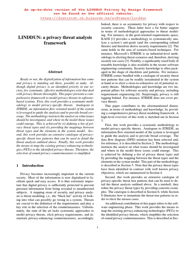 LINDDUN: A Privacy Threat Analysis Framework | PDF | Privacy | Anonymity