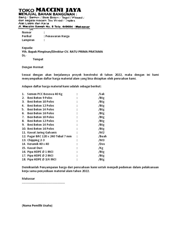 Format Daftar Harga Material Toko | PDF
