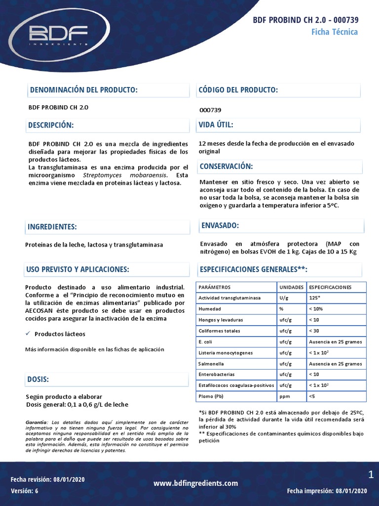 BDF Probind CH 2.0 ficha técnica | PDF | Leche | Productos lácteos