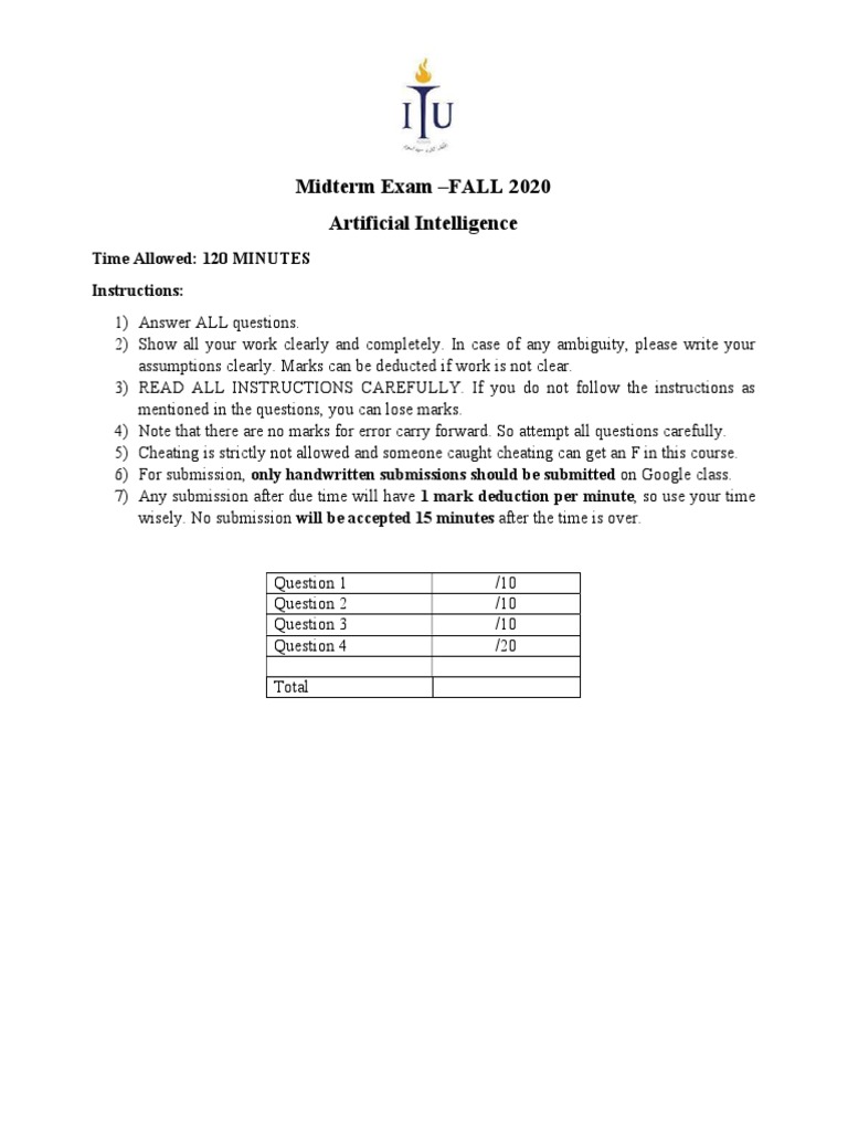 Midterm Exam - FALL 2020 Artificial Intelligence | PDF | Cluster Analysis | Intelligence (AI ...