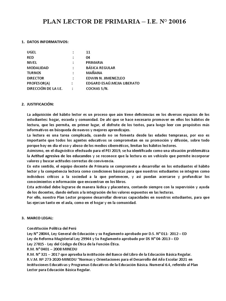 Plan Lector Primaria I.E. N° 20016 | PDF | Educación primaria | Plan de ...