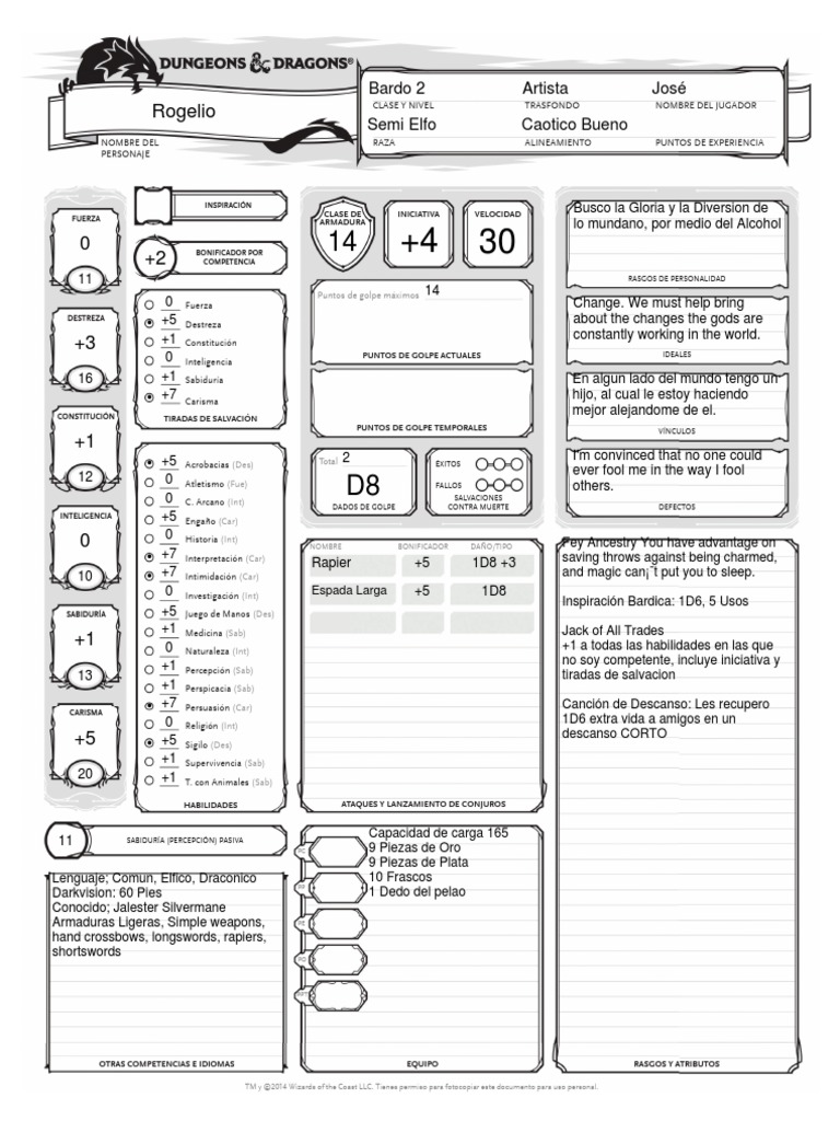 Hoja de Personaje Usada Calabozos y Dragones Quinta Edicion | PDF