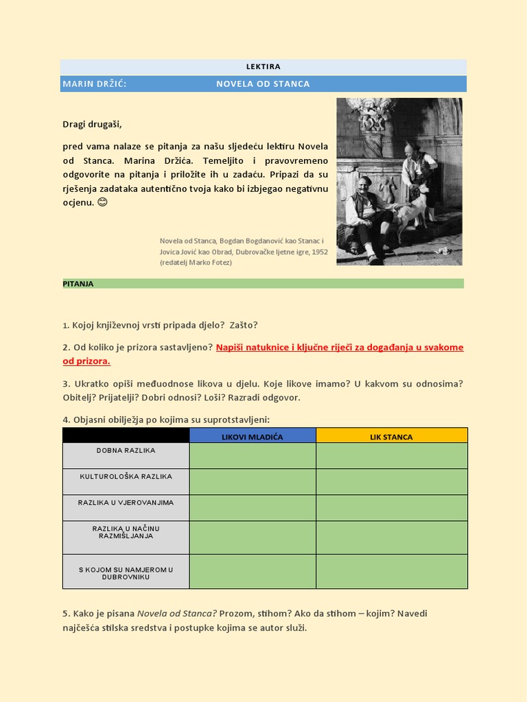 Pitanja Za Lektiru - Novela Od Stanca | PDF