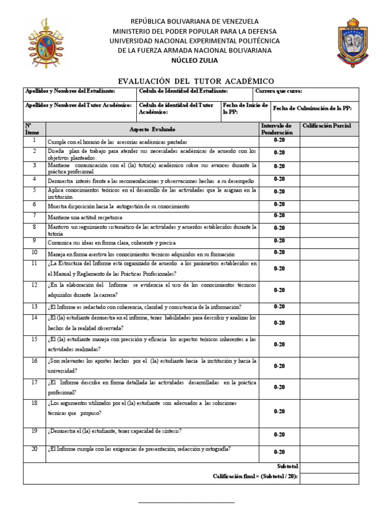 Anexo E - Formato Evaluacion Del Estudiante Por El Tutor Academico | PDF | Evaluación | Cognición
