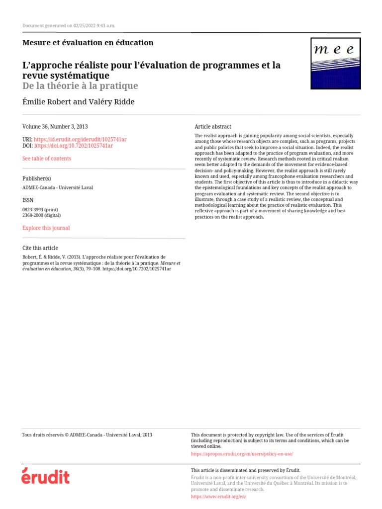 L'Approche Réaliste Pour L'évaluation de Programmes Et La | PDF ...
