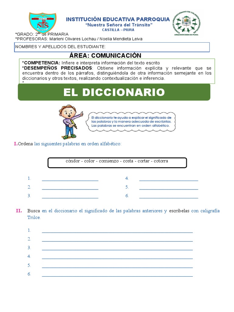 Hoja De Trabajo De Habilidades De Diccionario De Segundo Grado