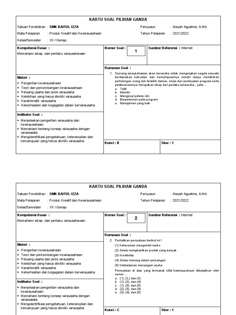 02 Kartu Soal USP 21 22 PKK XII TBSM | PDF