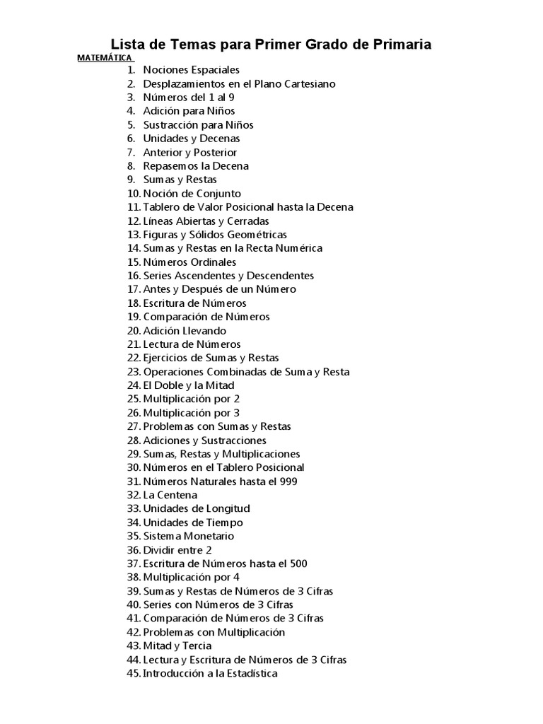 Lista de Temas para Primer Grado de Primaria | PDF | Sustracción ...