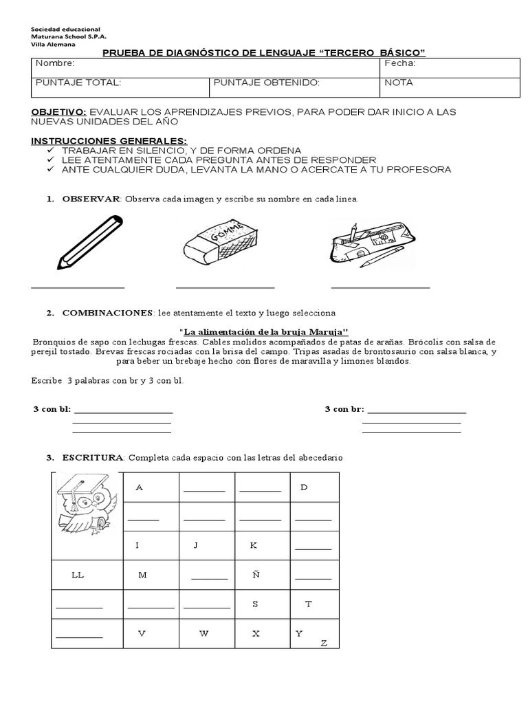 Prueba de Diagnostico de Educacion Lenguaje Segundo Basico | PDF ...