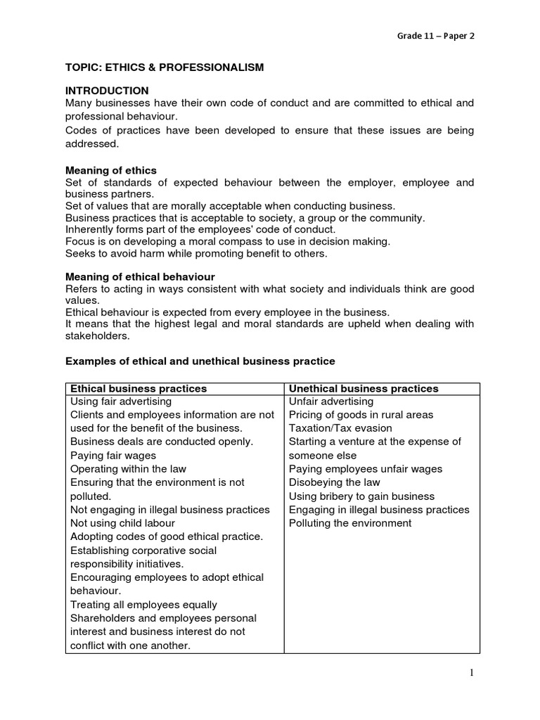 Topic: Ethics & Professionalism: Grade 11 - Paper 2 | Download Free PDF ...