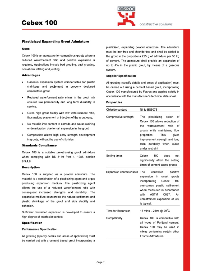 CEBEX 100 (Non-Shrink Grout Product Data Sheet) | PDF