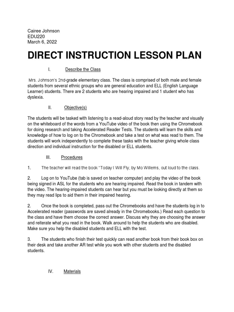 Edu 220 Direct Instruction Lesson Plan | PDF | Lesson Plan | Teachers