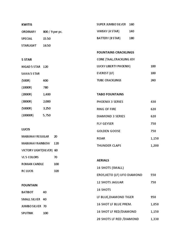Fireworks Price List and Varieties | PDF | Fireworks | Pyrotechnics
