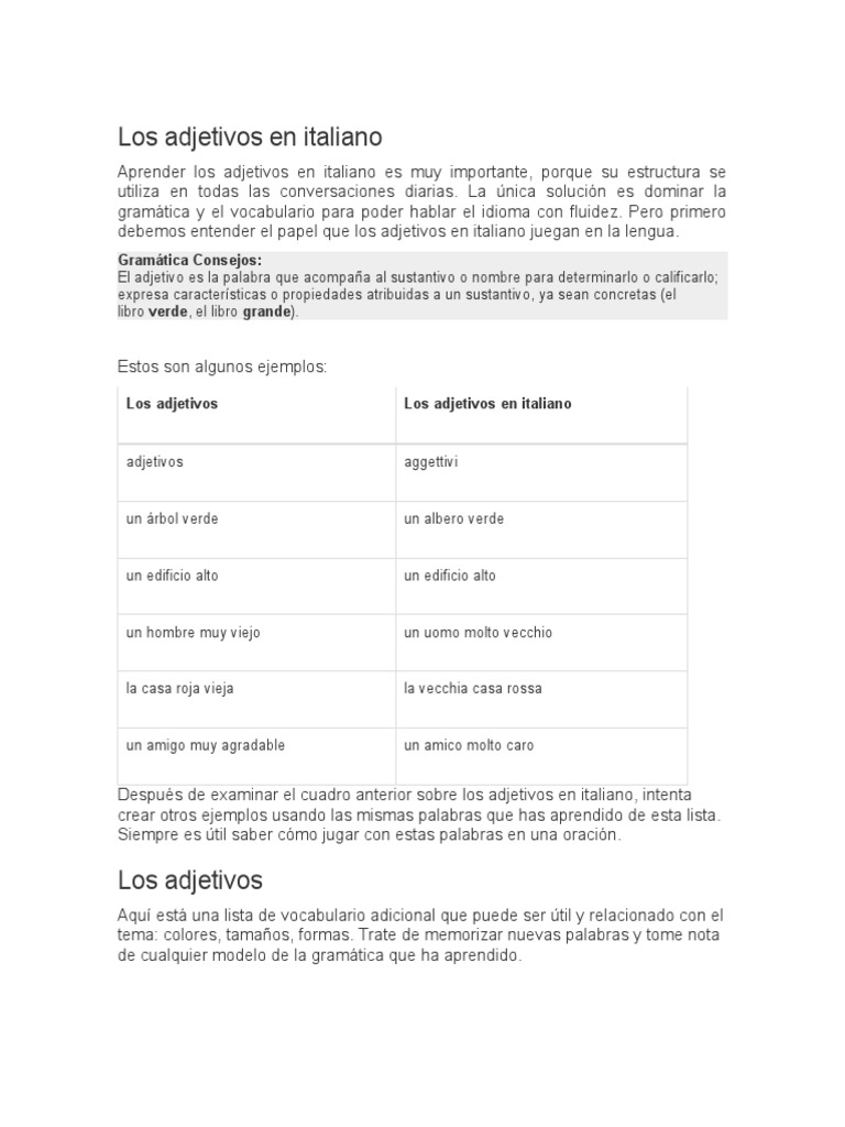 Adjetivos En Italiano Gu a Completa PDF Adjetivo Color