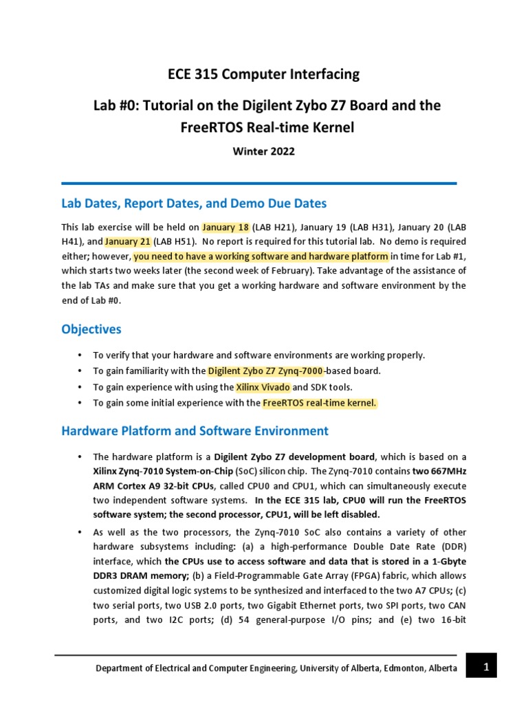 Ece 315 Computer Interfacing Lab #0: Tutorial On The Digilent Zybo Z7 Board and The Freertos ...
