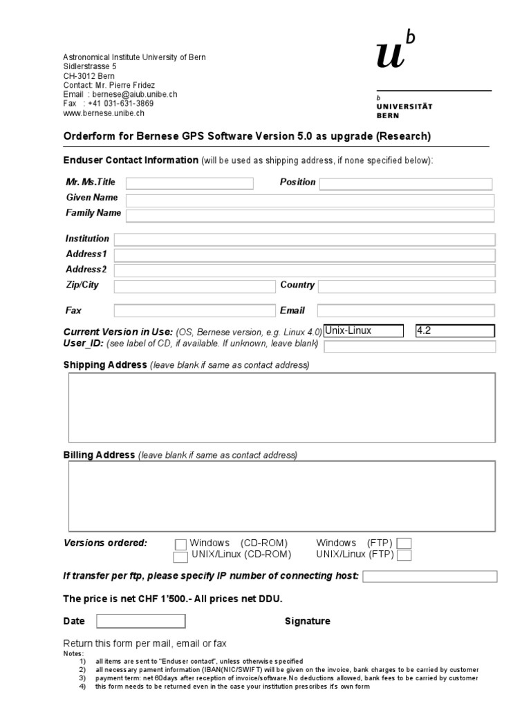 Bernese GPS Software Upgrade Form | PDF
