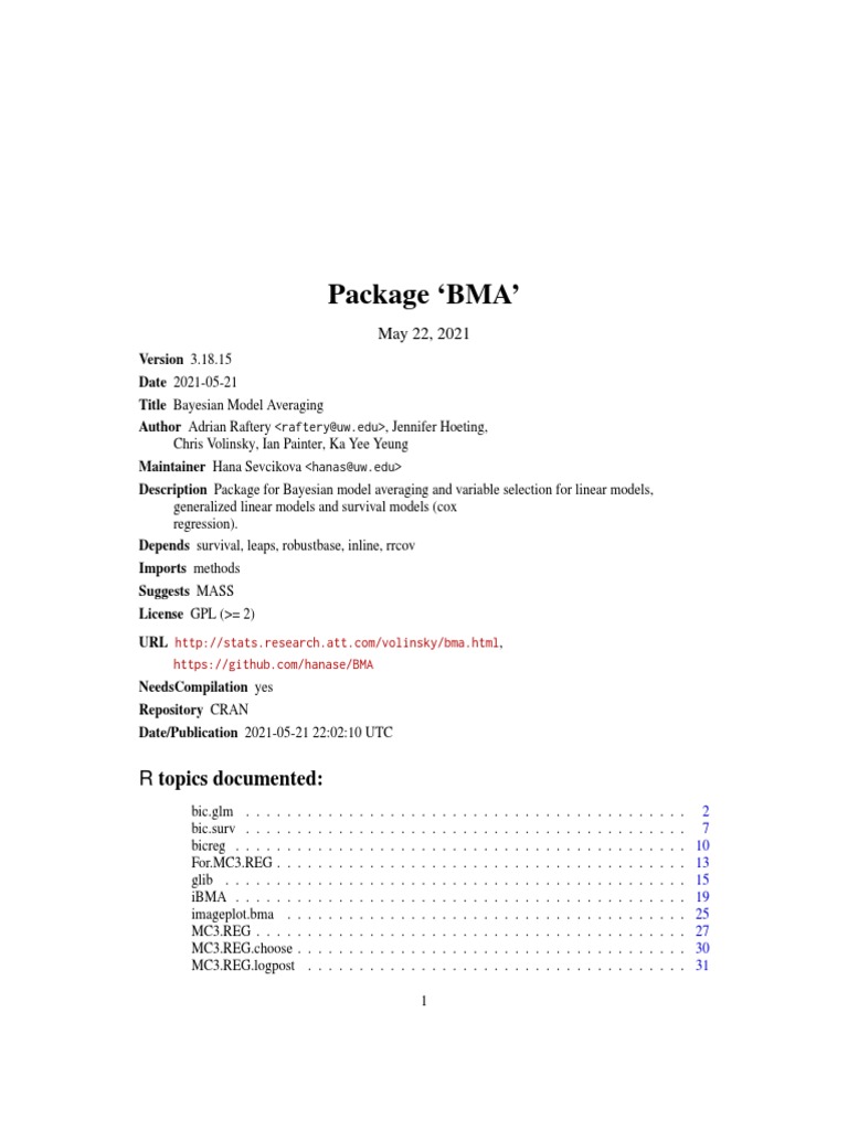 Package BMA': R Topics Documented | PDF | Ordinary Least Squares | Variance