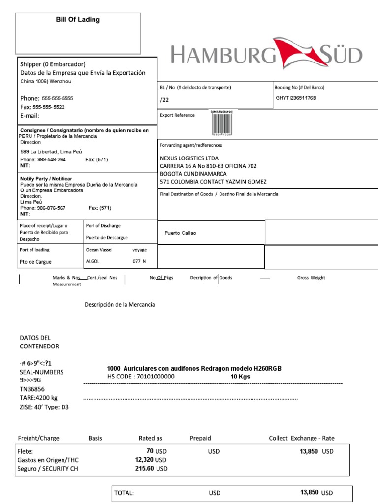 Modelo Del Documento de Transporte Maritimo BL 1 | PDF