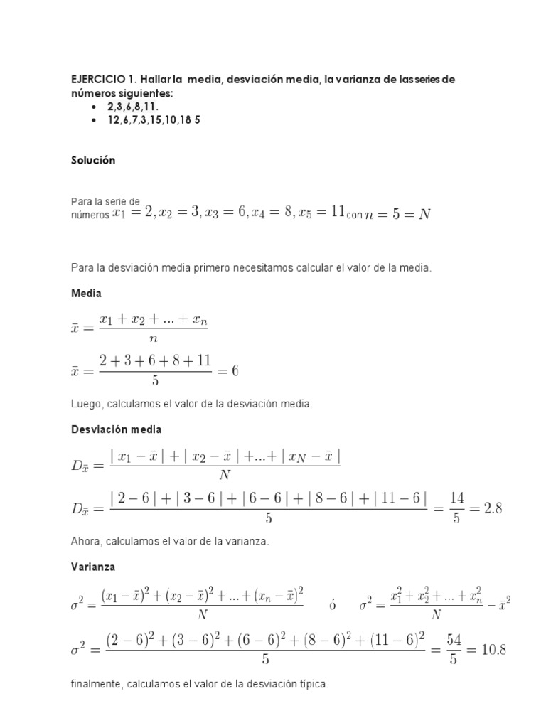 Ejercicios de Media J Deviacion Estandar J Varianza | PDF | Desviación Estándar | Teoría de ...