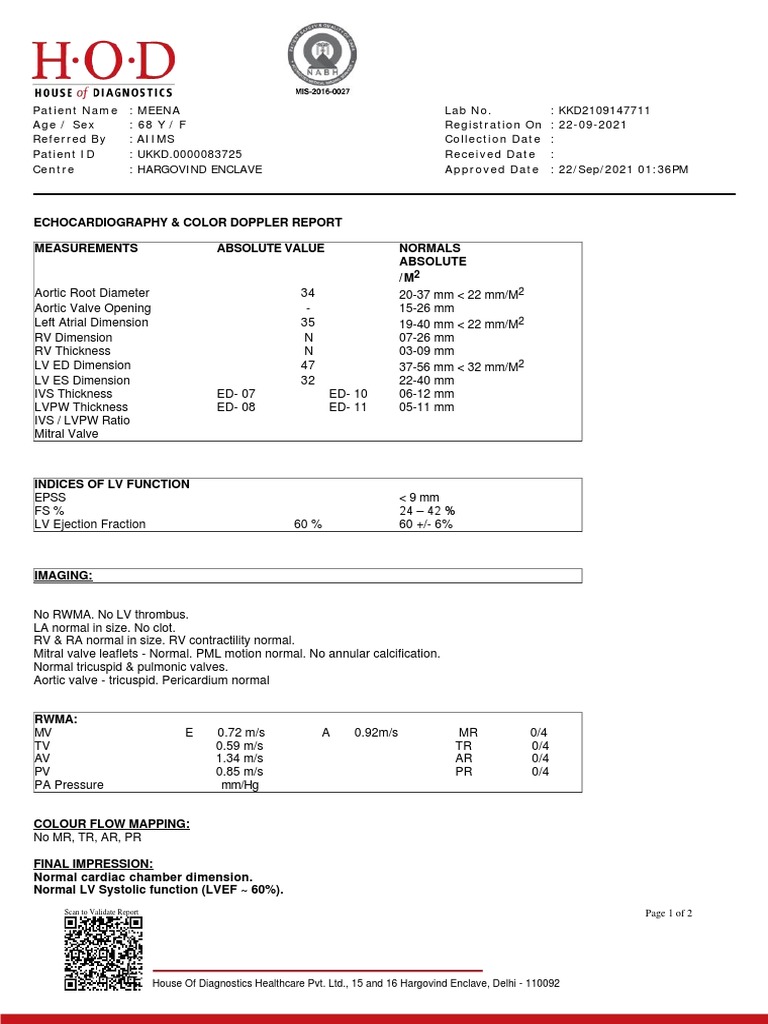 Echocardiography & Color Doppler Report Measurements Absolute Value ...