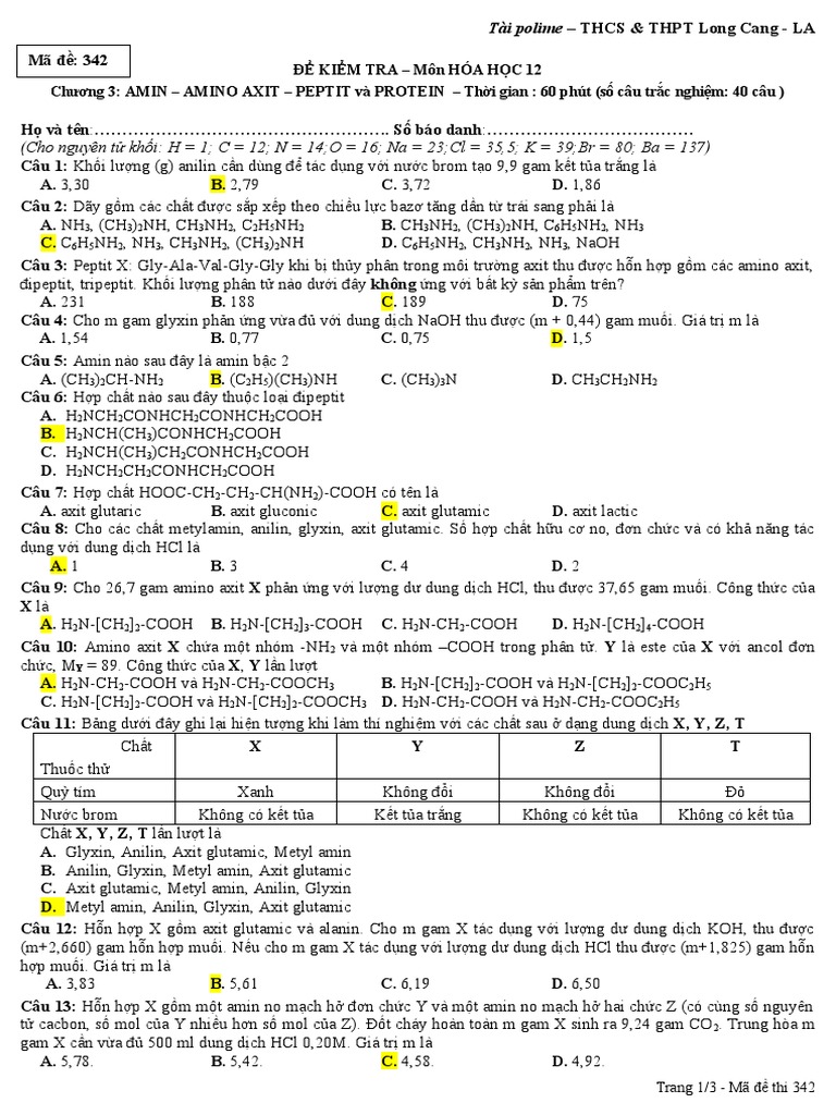 DAP AN DE KIEM TRA Mon HOA HOC 12 Chuong 3 AMIN AMINO AXIT PEPTIT Va PROTEIN | PDF