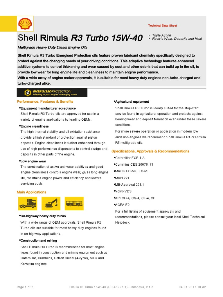 Shell Rimula R3 Turbo 15W-40 | PDF | Engines | Motor Oil