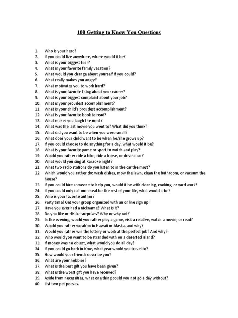 100 Engaging Get-to-Know-You Questions | PDF