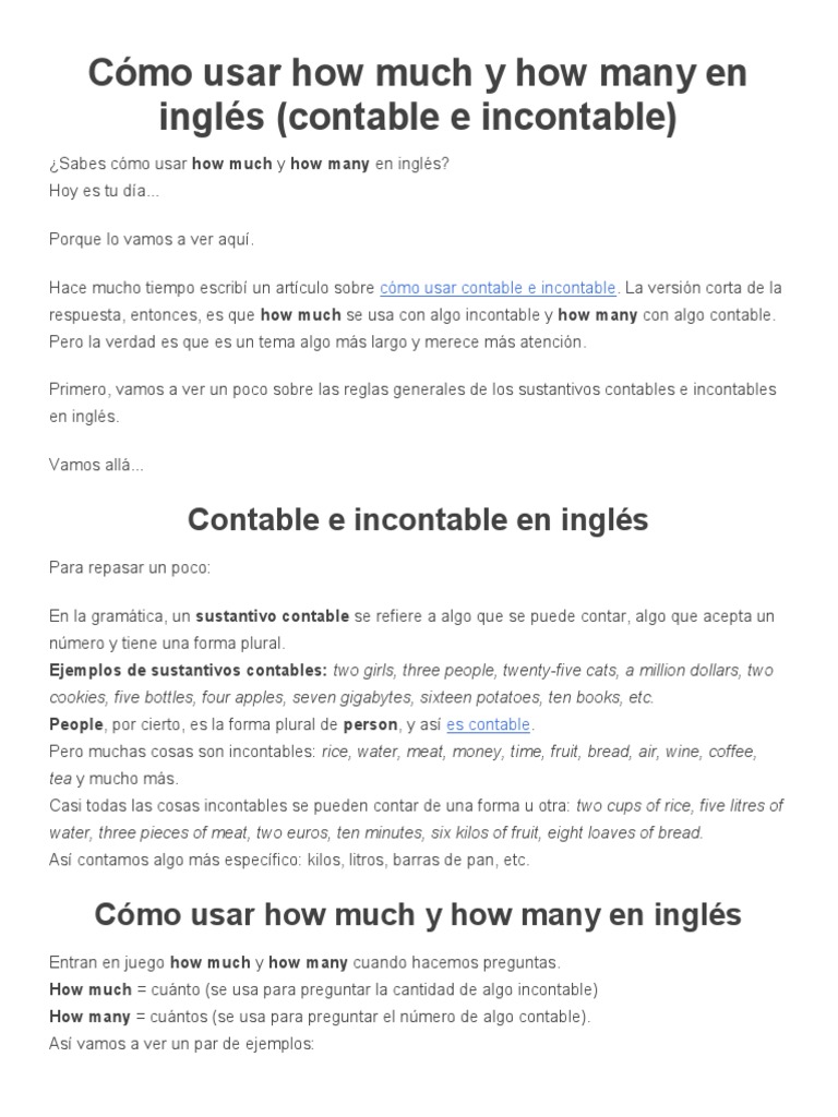 Uso de "how much" y "how many" en inglés | PDF | Artes del Lenguaje y ...