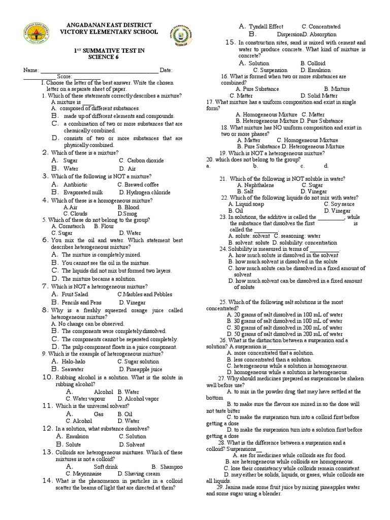 Grade 6 Summative Test in Science Modules 1-3 | PDF | Mixture ...