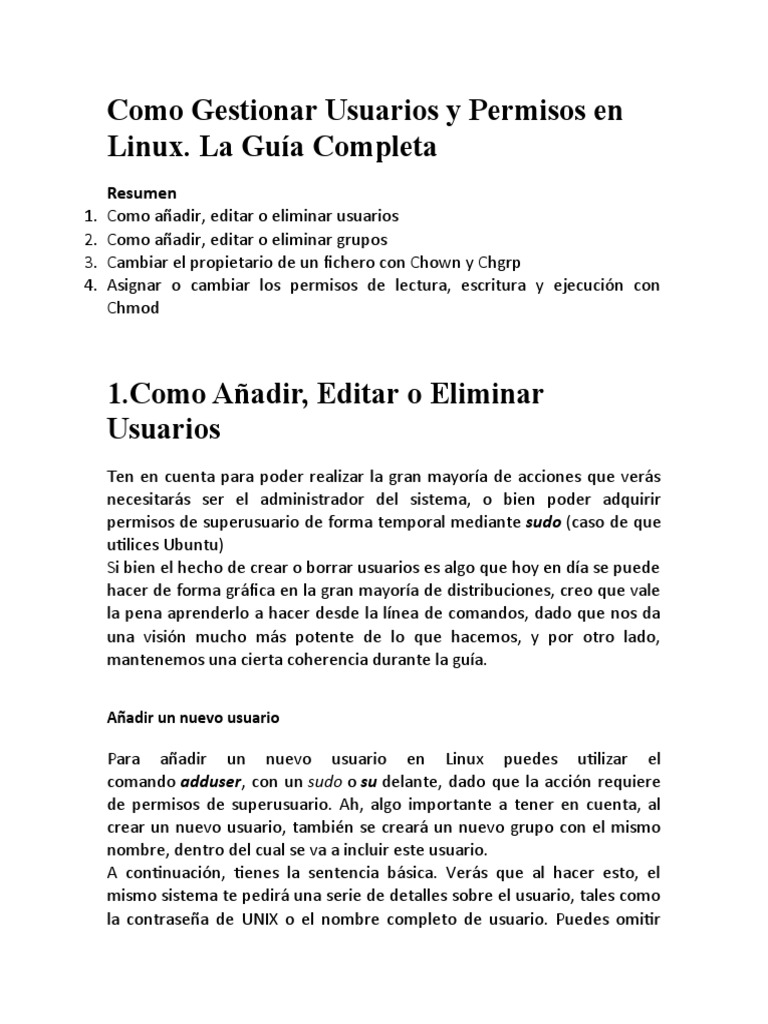 Como Gestionar Usuarios y Permisos en Linux | PDF | Archivo de ... Como Gestionar Usuarios y Permisos en Linux | PDF | Archivo de ...